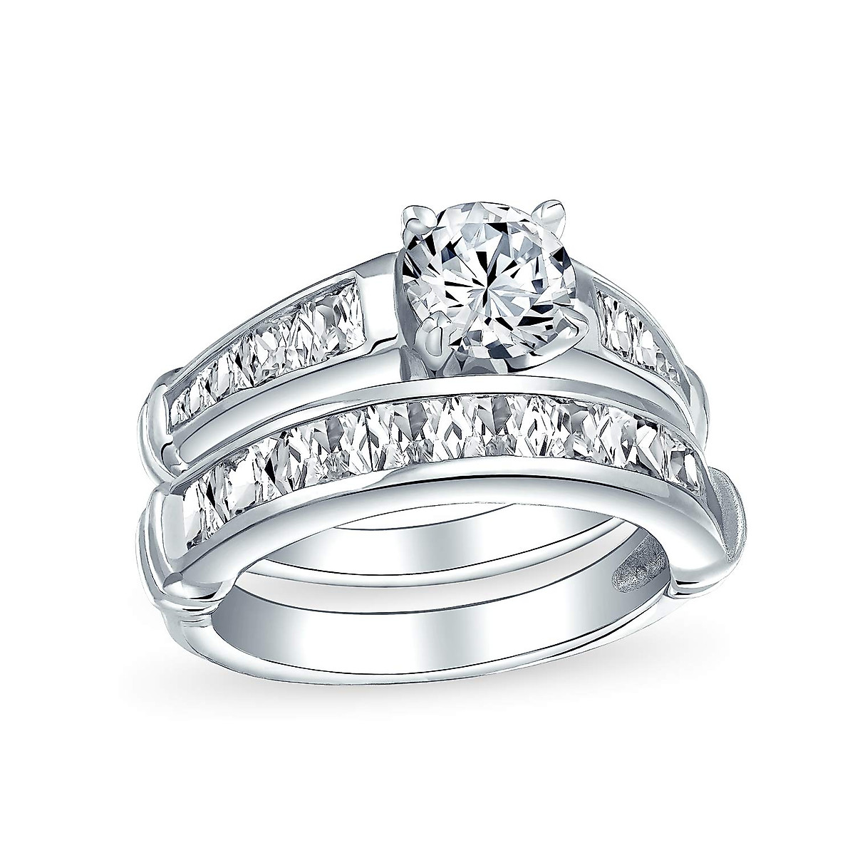 Bling Jewelry Classic Traditional Style 2CT Cubic Zirconia Round Brilliant Cut Solitaire Pave Band AAA CZ Anniversary Wedding Engagement Ring Set Band For Women .925 Sterling Silver