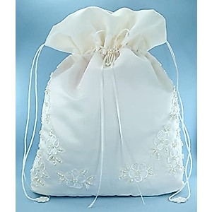 ENCHANTED BRIDE Satin Bridal Wedding Money Bag (#E1D4MBiv) in LARGE Size with Pearl-Embellished Floral Lace for Receiving Envelopes and cards, Bridal Purse, and Other Special Occasions