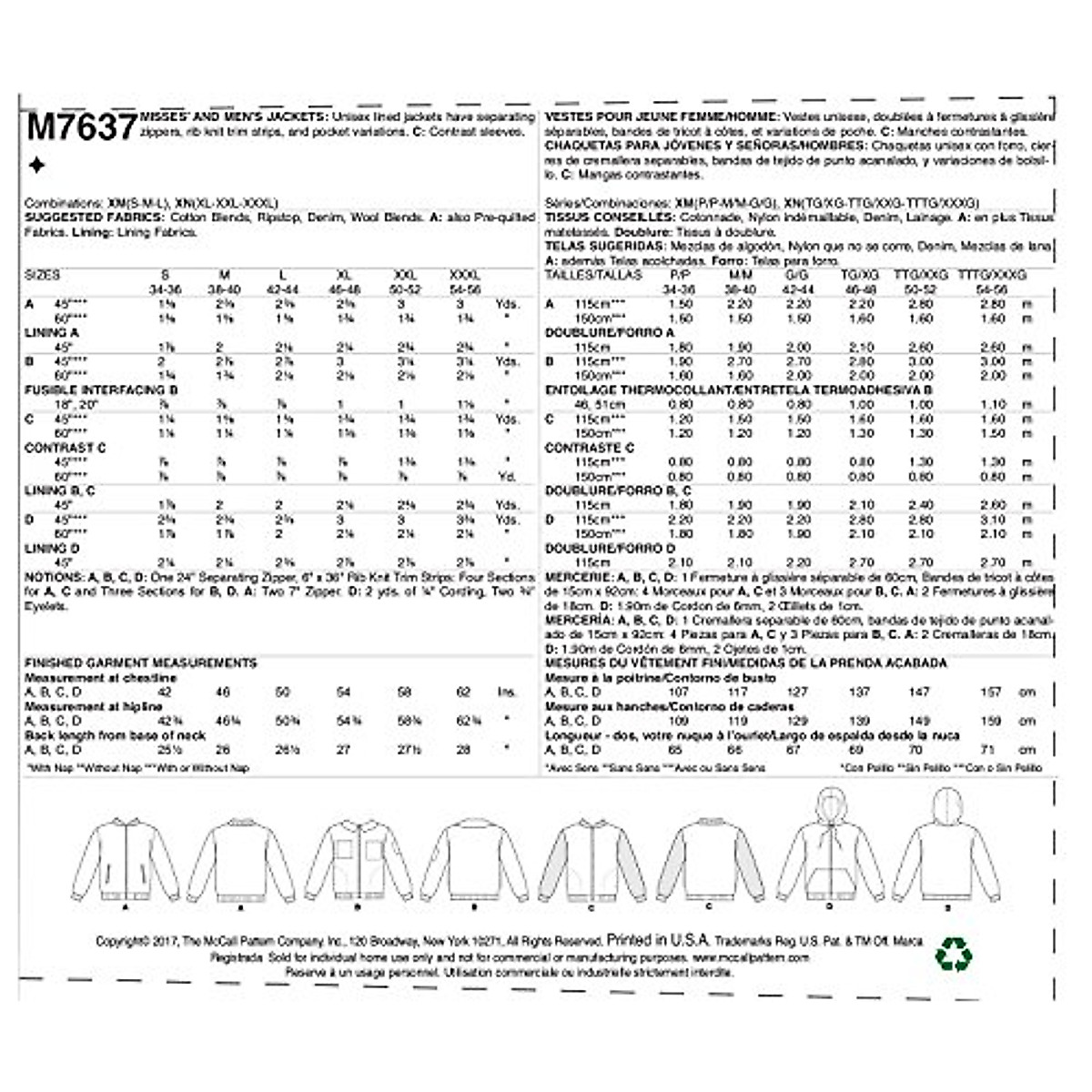 McCall Patterns M7637 XM Misses' and Men's Bomber Jackets Sewing Pattern, Size SML-MED-LRG (7637)