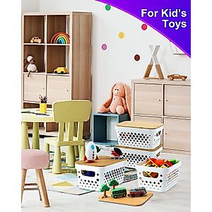 Small Storage Bins with Lids-Plastic Storage Containers Storage Baskets for Organizing Desktop Closet Playroom Classroom Office,Set of 6，White