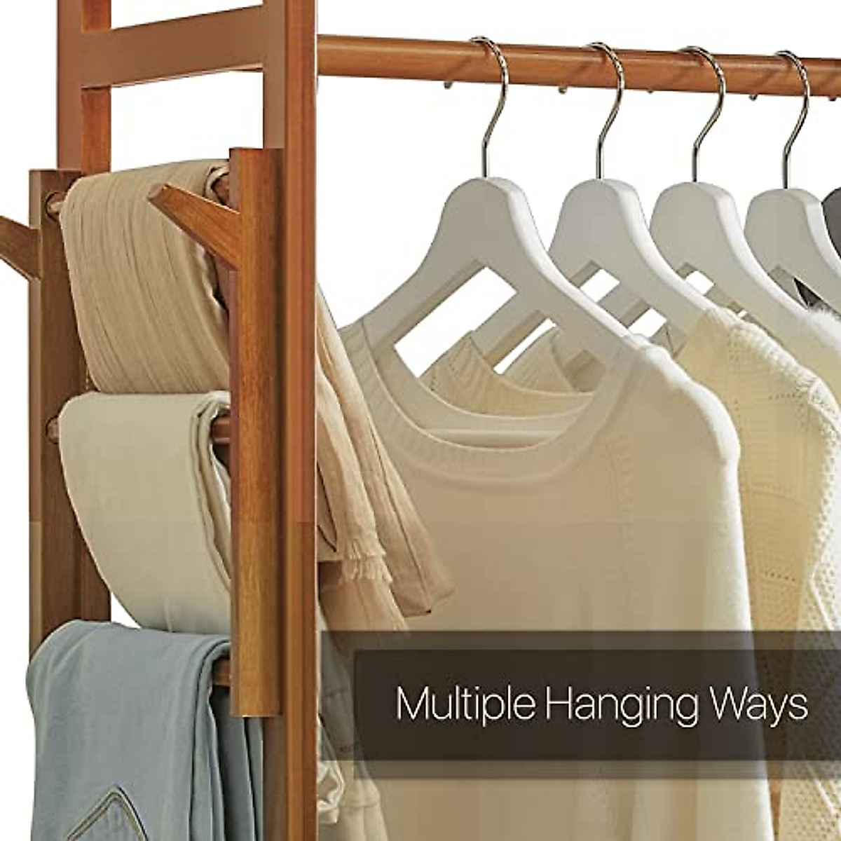 MoNiBloom Bamboo Clothes Rack, 6 Tier Garment Clothing Storage Shelving with Pants Scarves Racks and a Hanging Rob for Bedroom Living Room, Brown