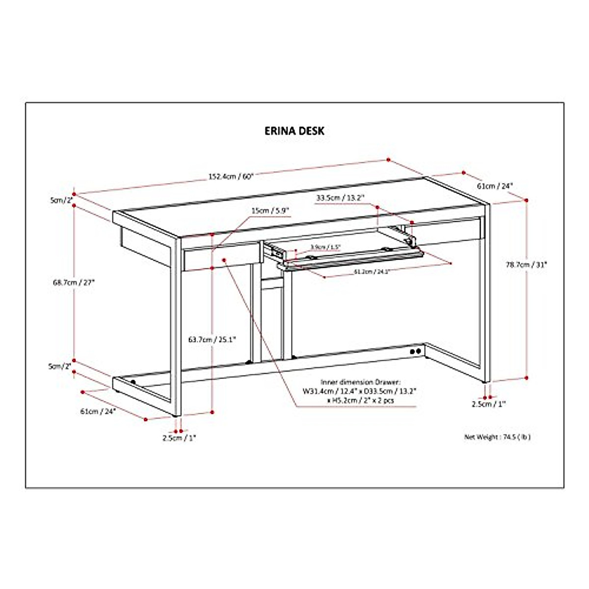 SIMPLIHOME Erina SOLID WOOD and Metal Modern Industrial 60 inch Wide Home Office Desk, Writing Table, Workstation, Study Table Furniture in Distressed Charcoal Brown with 2 Drawers