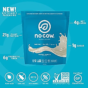 No Cow Vegan Protein Powder, Vanilla, 21g Plant Based Protein, Recyclable Bag, Dairy Free, Soy Free, No Sugar Added, Keto Friendly, Gluten Free, Naturally Sweetened, Non GMO, Kosher, 1.74 Pound