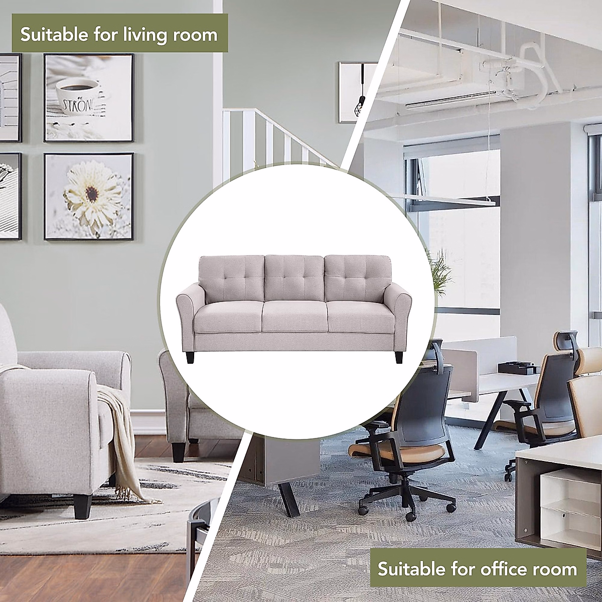 Harper & Bright Designs 3-Piece Living Room Sectional Sofa Set, Modern Style Button Tufted Linen Upholstered Armchair Loveseat Sofa and Three Seat Sofa Set Sectional Couch, Light Gray