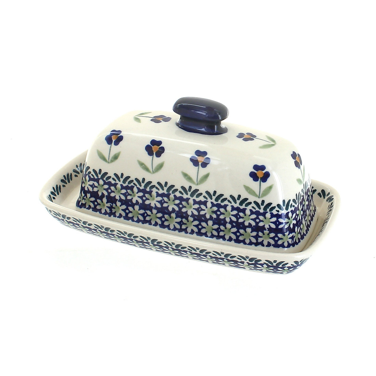 Blue Rose Polish Pottery Blue Daisy Butter Dish