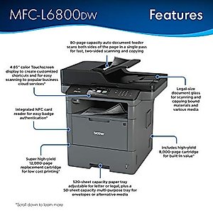 Brother MFC-L6800DW Monochrome Laser, All-in-One Printer, with Additional Lower Paper Tray (520 Sheet Capacity)