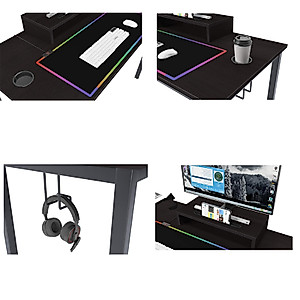 SogesHome 60 inch Desk Computer Desks Gaming Desk Long Desk Writing Table Home Office Workstation with RGB Mouse Pad, Headset Hooks and Cup Slot, Black, NSDUS-AC14CB-Pro-E1-152.4