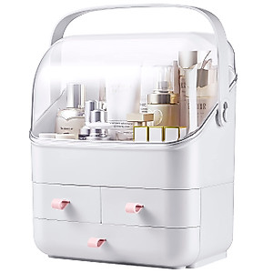 SUNFICON Makeup Organizer Holder Cosmetic Storage Box with Dust Free Cover Portable Handle,Fully Open Waterproof Lid, Dust Proof Drawers,Great for Bathroom Countertop Bedroom Dresser White