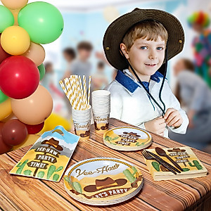 All-in-One 357 Pc Western Party Decorations (Serves 24) Rodeo Party Supplies with Plates, Cups, Napkins, Tablecloth, Balloons, Cake and Cupcake Topper and More Cowboy Birthday Decorations