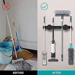 AIYOTAR Magnetic Mop Broom Holder, Strong Non Slip Magnetic Broom Mop Hanger, Heavy Duty Magnetic Hooks For Hanging Shovel Rake Tools, Wall Mounted Utility Storage Magnet Rack (4 Rack)