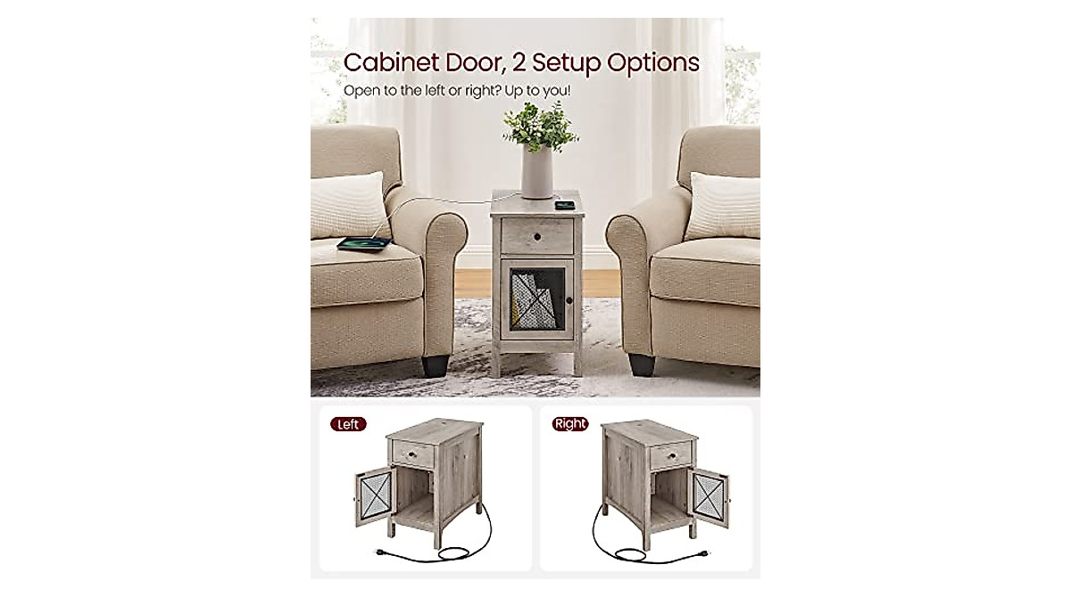 VASAGLE Greige Side Table with USB Ports and Storage