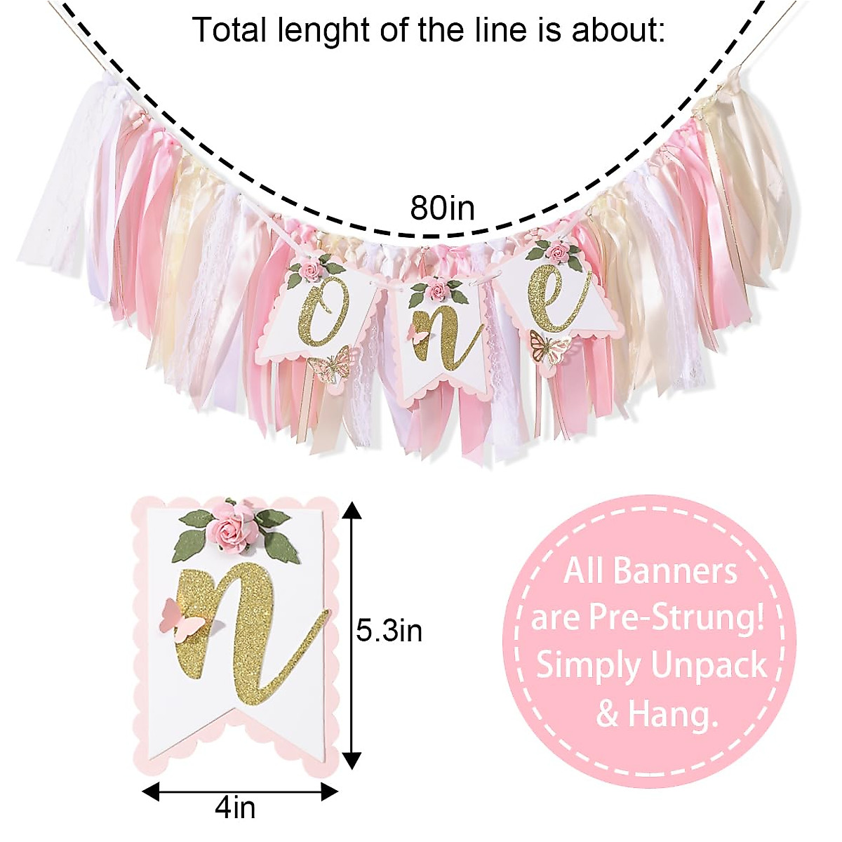 Pink and Gold High Chair Banner- Floral and Butterfly One Highchair Banner, 1st Birthday Party Decoration for Girls, Pink 1st Birthday Decor