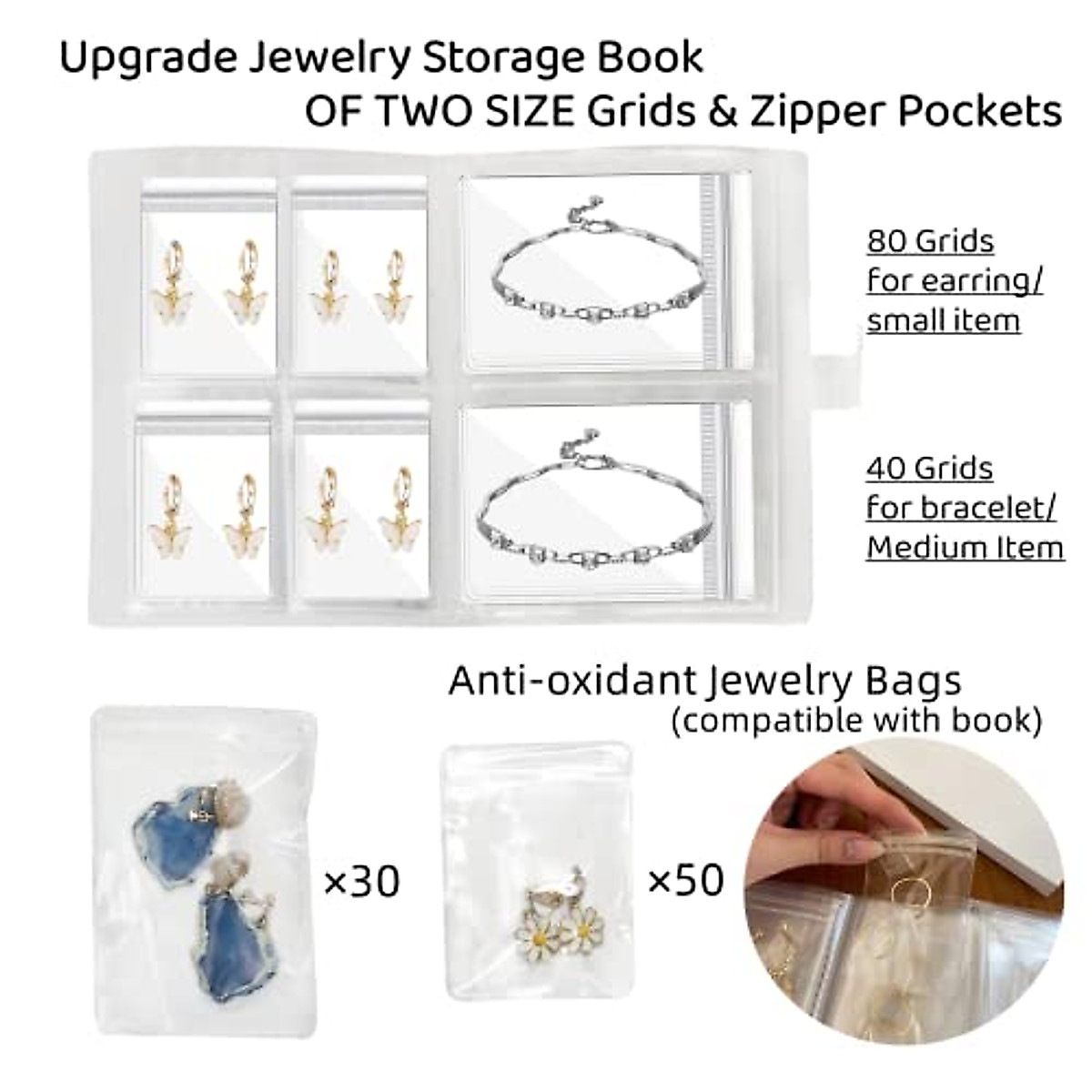 KIKILIE Travel Jewelry Organizer - Multifunctional Storage Book, Transparent Earring Necklace Bracelet Holder, 120 Grids with 80 Pack Two Sizes Plastic Bags