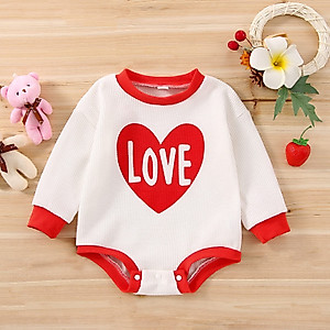 Twopumpkin Baby Valentines Day Outfit Boy Girl Onesie Crewneck Sweatshirt Romper Knit Oversized Sweater Bodysuit (Az Waffle Knitted Love Print, 6-12 Months)