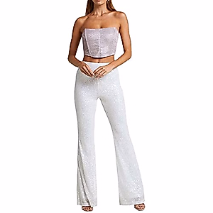 Sequin Flared Pants for Women High Waisted Loose Sparkly Wide Leg Disco Rave Pants Silver XL