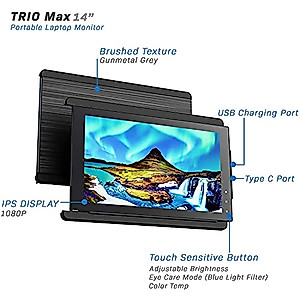 Mobile Pixels Trio Max Portable Monitor, 14'' Full HD IPS Dual Triple Monitor for laptops, USB C/USB A Portable Screen,Windows/Mac/OS/Android/Switch Compatible (1x Monitor Only)