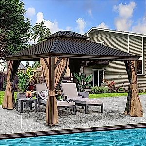 Evedy Hardtop Gazebo 12x14FT,Outdoor Permanent Metal Pavilion with Curtains and Netting,Outdoor Aluminum Frame Canopy with Galvanized Steel Double Roof for Patio, Backyard and Lawn(Brown)