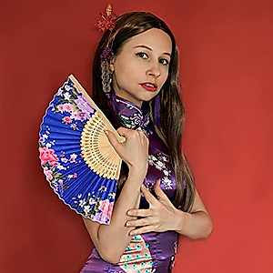 RAZZUM 2 Pcs Floral Folding Hand Fan Chinese Vintage Retro Silk Handheld Fans with Frames for Wedding Dancing Church Party Gifts Blue Fan