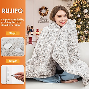 RUJIPO Heated Blanket Electric Blanket Twin for Bed, 10 Heating Levels & 5 Options Auto Off & 5 min Fast Heating Blanket, Large Soft Heat Warming Sherpa Blanket Throw Full Size (62x84 Inches, Grey)