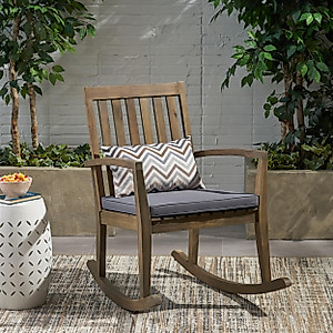 Merax Outdoor Acacia Wood Rocking Chair with Water-Resistant Cushion for Patio,Garden,Porch, Dark Grey