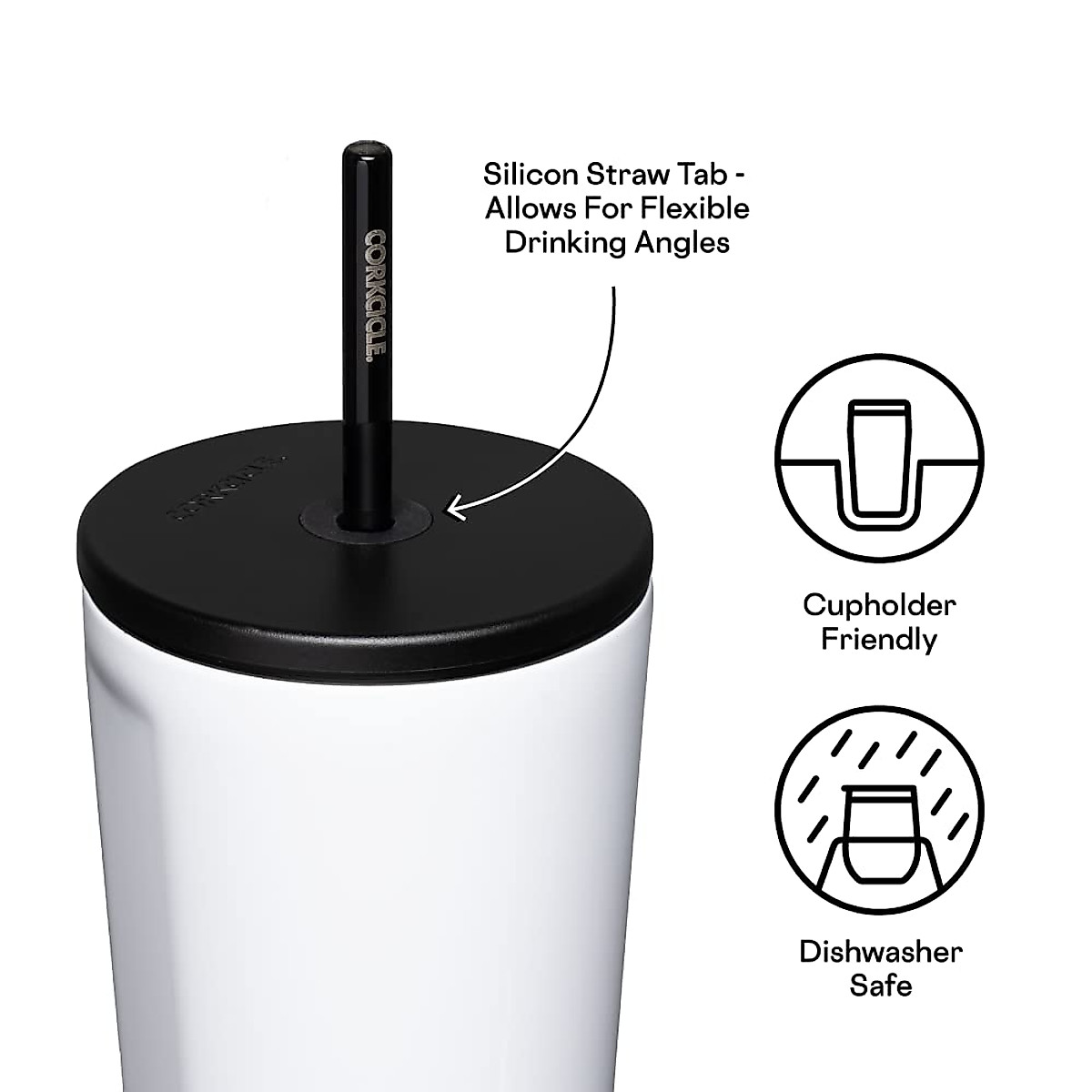 Corkcicle Cold Cup Insulated Tumbler with Lid and Straw, Gloss White, 24 oz – Reusable Water Bottle Keeps Beverages Cold for 12hrs, Hot 5hrs – Cupholder Friendly Tumbler, Lid for Flexible Sipping