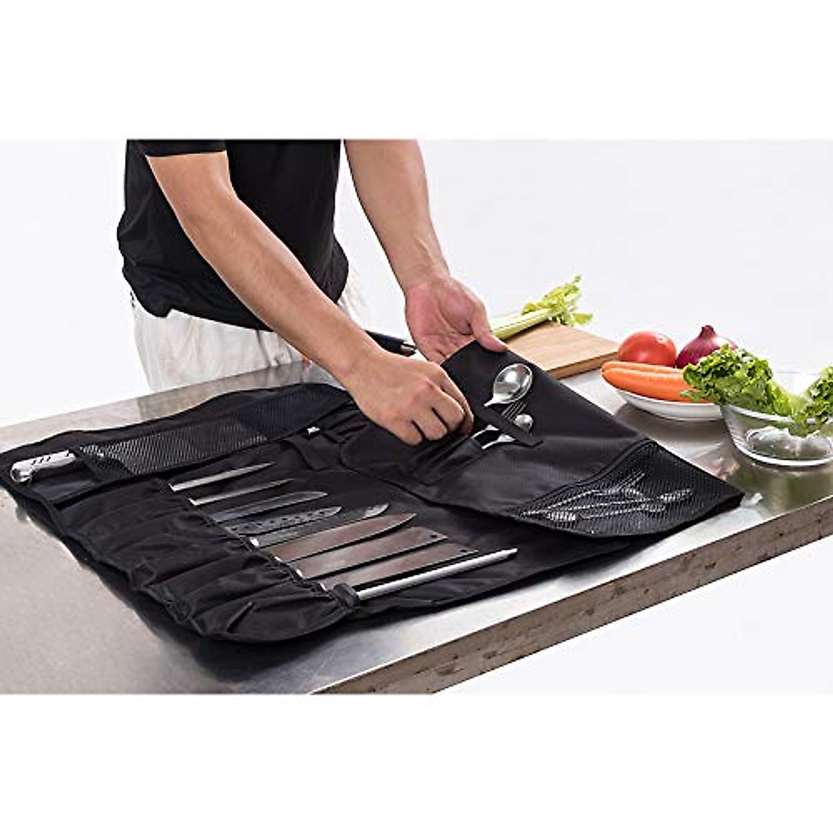 HERSENT Knife Roll, Chef Knife Roll Bag With 17 Slots Can Holds13 Knives,1 Meat Cleaver, And 3 Utensil Pockets,Durable Knife Case With Handle, Shoulder Strap & Zippered Mesh Pocket Holder