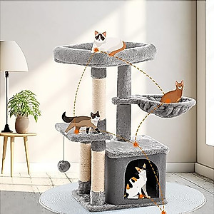 Cat Climbing Tower for Indoor Cats 30in, Cat Condo with Scratching Post, Cat Tree for Large Cat with Plush Perches, Hammock, Cat Tree Stand for Kitten with Dangling Ball, Platform
