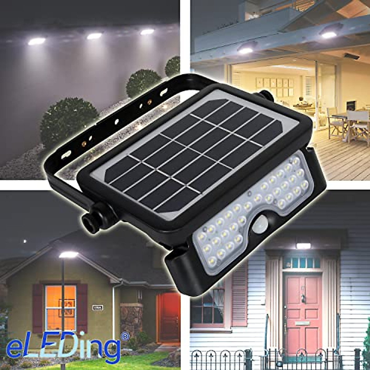 eLEDing 1100 Lumens Black PIR Motion Activated Solar Power Outdoor LED 5-in-1 Flood Light for Parking Area Garage Yard Backyard Garden Deck Path Camping