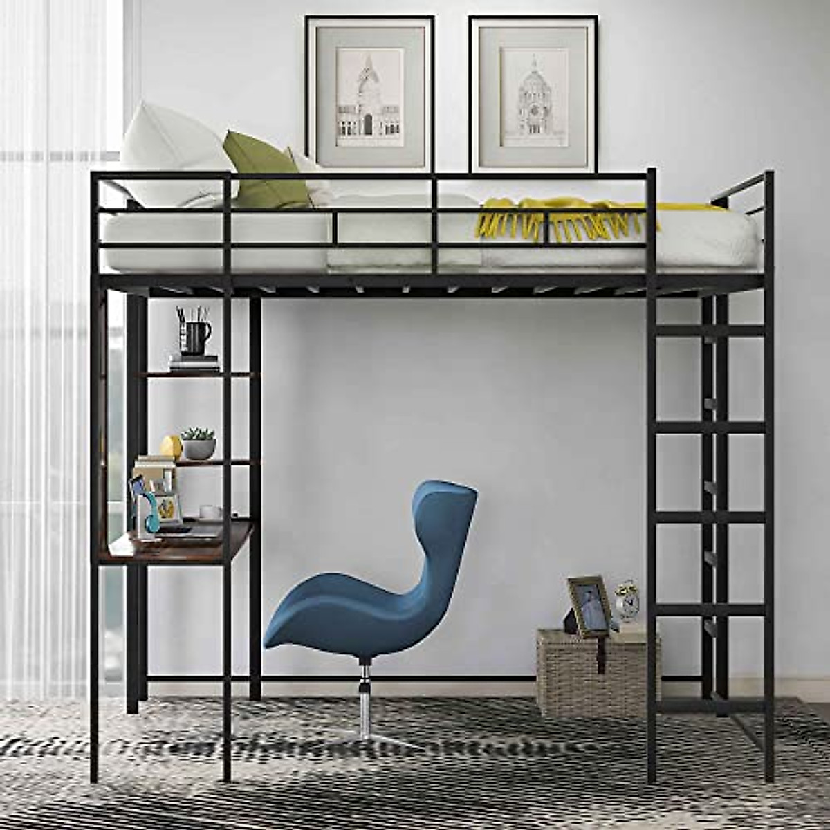 ATY Metal Full Size Loft Bed with 2 Shelves and 1 Desk, Sturdy Bedframe w/Two Ladders & Safety Rails for Kids Teens Adults, No Box Spring Needed, Black