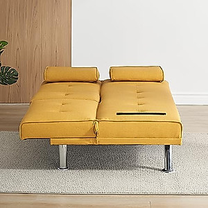 ME2 67" Sleeper Sofa Faux Leather Futon Sofa Bed w/Removable Armrests & Cupholders, Convertible Upholstered Folding Loveseat Folding Daybed Guest Sofa Bed for Living Room,Apartment,Dorm,Yellow