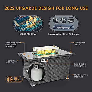 Propane Fire Pit Table, 44" Auto-Ignition Firepit Table for Outside, 50,000 BTU Outdoor Rattan & Wicker Gas Fire Table with Glass Wind Guard for Patio, Pool, Backyard, ETL Certification (Grey)