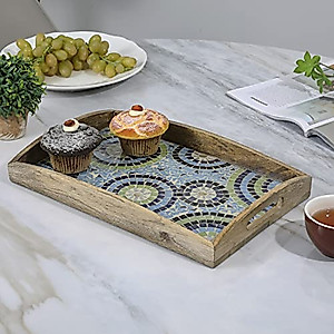 MyGift Mango Wood Serving Tray with Intricate Glass Mosaic Design, Rectangular Decorative Tray with Cutout Handles - Handcrafted in India