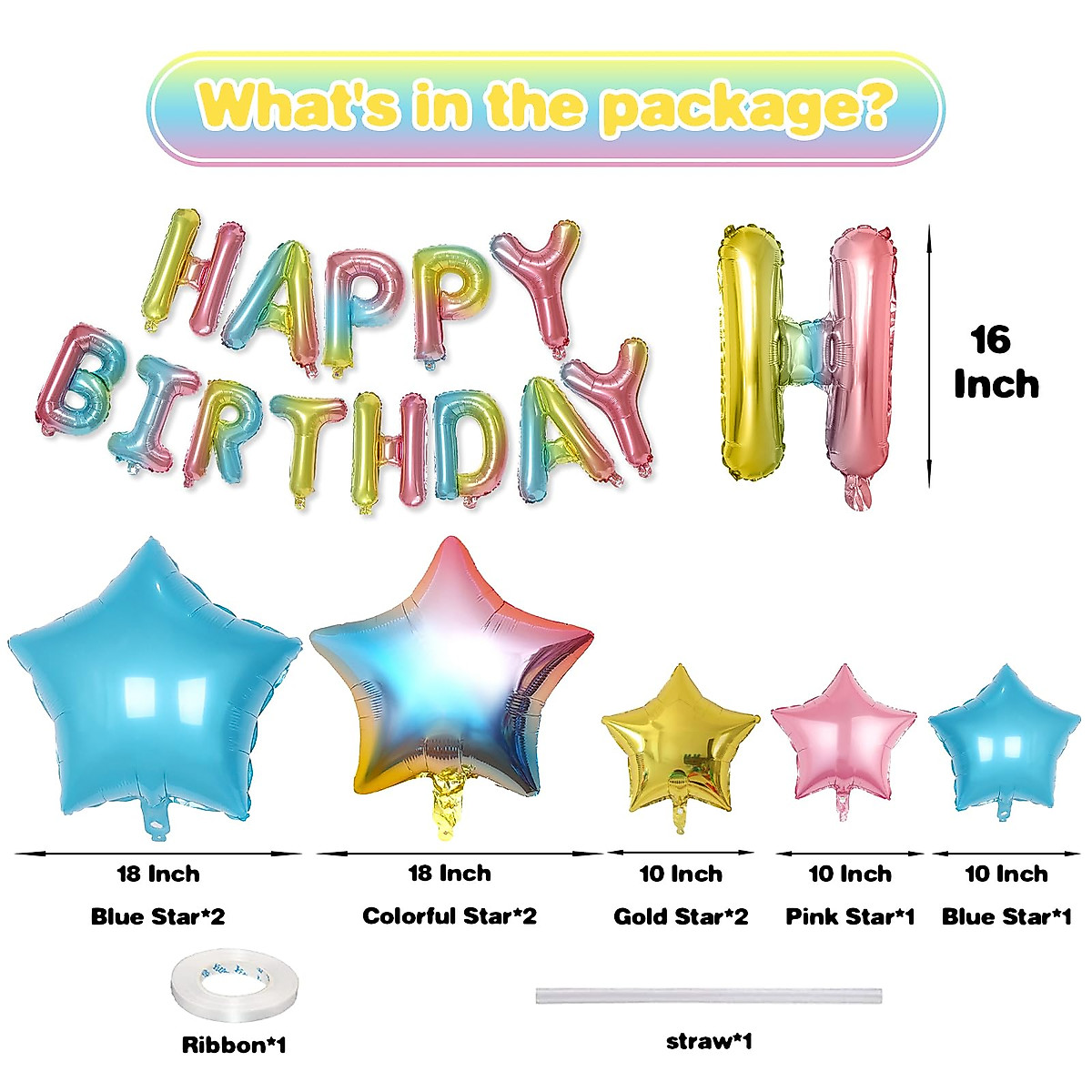 Happy Birthday Balloons Banner, Rainbow Happy Birthday Foil Balloons 16 Inch Mylar Foil Letter Balloons with 8 Pcs Gradient Blue Pink Star Balloons for Women Men Boys Girls Birthday Party Decorations