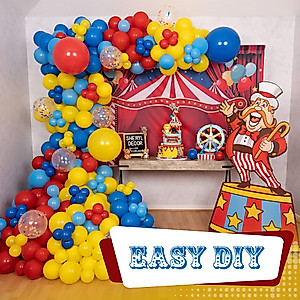 ALL-IN-1 Circus Balloons Arch Kit & Garland for Carnival Party Decorations Theme – Primary Color Balloons in Red Blue Yellow & Rainbow Confetti – Baby Shower Circus Birthday Party Supplies