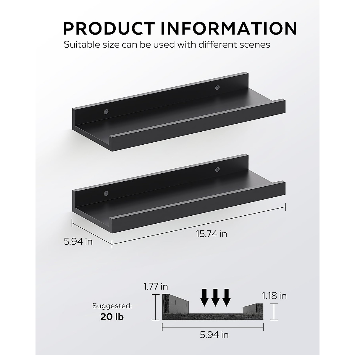 MIRROTOWEL Small 16” Floating Shelves for Wall Décor Storage, Set of 2, Wood for Bedroom, Living Room, Bathroom, Kitchen, Picture Ledge and Farmhouse（Black）