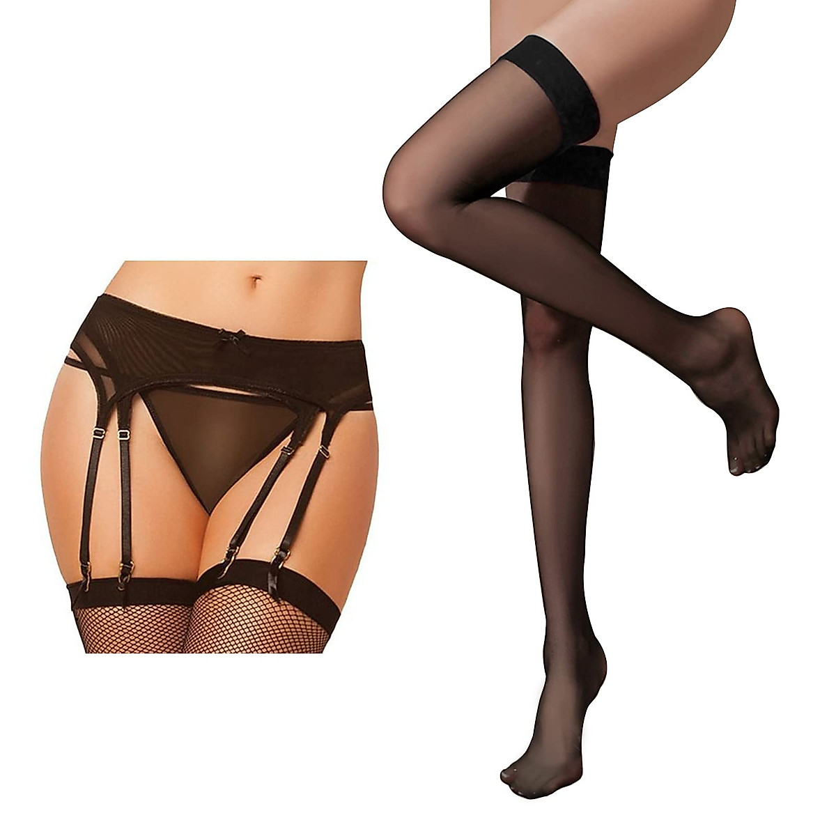 Women Sexy Lace Garter Belt with Stockings,Double Mesh Suspender Belt with Thigh High Stockings,8 Elastic Clips for Hold Ups (Black)