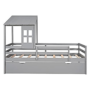 DHHU House Bed with Trundle, Window and Roof, Twin Size Low Loft Bed with Trundle, Wooden Bed Frame for Boy Girl Kids Toddler, Grey