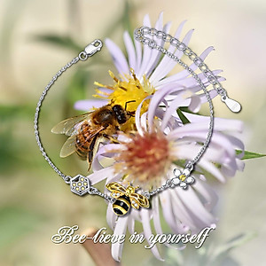 LONAGO 925 Sterling Silver Bumblebee Queen Honey Bee Honeycomb Sunflower Bracelet Daisy Jewelry Adjustable Link Chain Gift for Women Mom