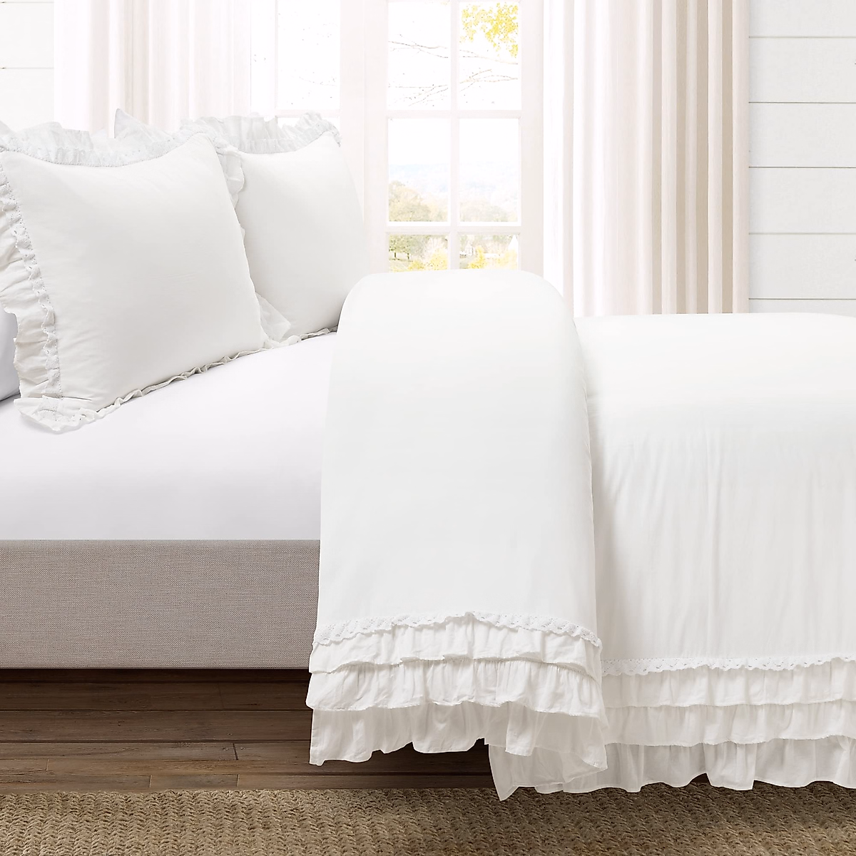 Lush Decor Ella Ruffle Lace 100% Cotton 3 Piece Duvet Cover Set, Full/Queen, White