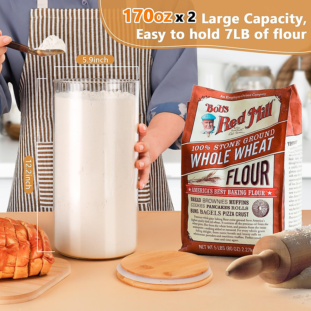 Homjoy 2 Pack Larger Food Grade Glass Flour and Sugar Containers, 170 FL OZ Airtight Glass Food Storage Containers with 104 Pantry Labels, Glass Jars with Bamboo Lids for Flour,Sugar, Rice, Pasta