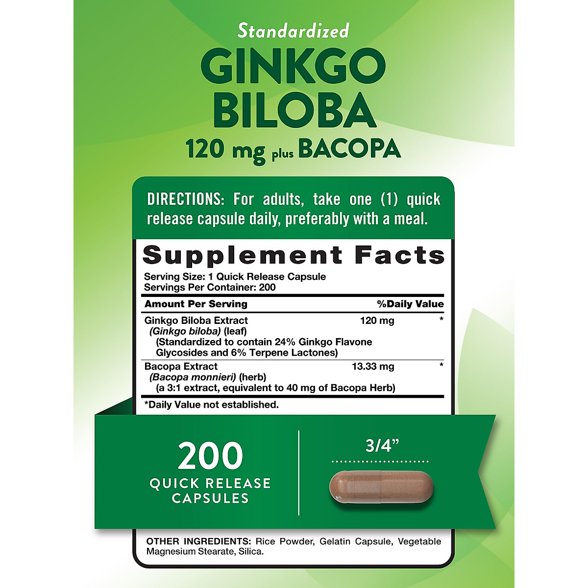Nature's Truth Ginkgo Biloba 120mg | Plus Bacopa | 200 Quick Release Capsules | Standardized Extract | Non-GMO and Gluten Free Supplement