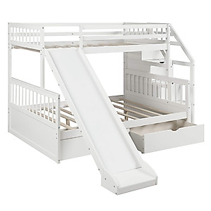 GAOWEI Twin Over Full Bunk Bed with Drawers, Storage and Slide, Multifunction Wood Loft Bed for Kids, Adults (White)