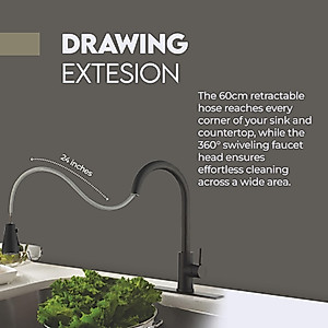 SOFTINOX Kitchen Faucet with Multi-Functional Pull Down Sprayer - High Arc Single Handle Kitchen Sink Faucet with Deck Plate - Commercial Modern Brushed Stainless Steel Kitchen Faucets - Black