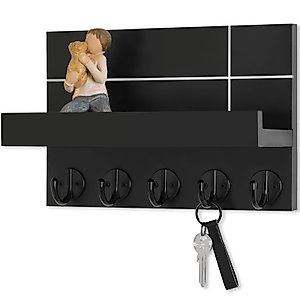 Lwenki Wall Mounted Key Holder - 9.8" x 6.7" x 4.2" Decorative Wall Shelf with Hooks Holds Key Rings, Dog Leash, Wallet, Purse - Real Paulownia Wood Entryway Shelf for Rustic Farmhouse Decor (Black)