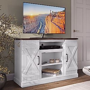 BELLEZE Industrial 47 Inch Rustic Wood TV Stand & Media Entertainment Center Console Table for TVs up to 50 Inch with Open Storage Shelves & Cabinets - Veropeso (White)