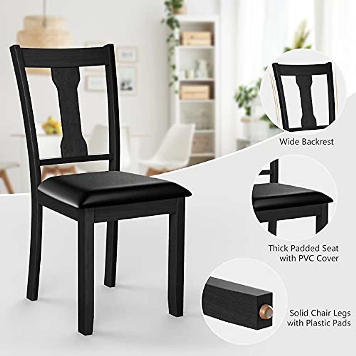 Giantex Set of 2 Black Dining Chairs, Upholstered High Back Kitchen Chairs w/Rubber Wood Frame, Anti-Scratch Foot Pads, Wooden Traditional Dining Side Chairs