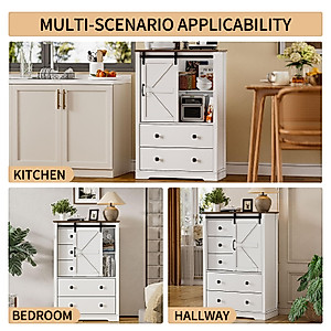 PAKASEPT 5 Drawers Dresser, Farmhouse Modern Tall Dresser 5 Chest of Drawers, Sliding Barn Doors Dresser Chests for Bedroom, Hallway, Living Room, Kids Room