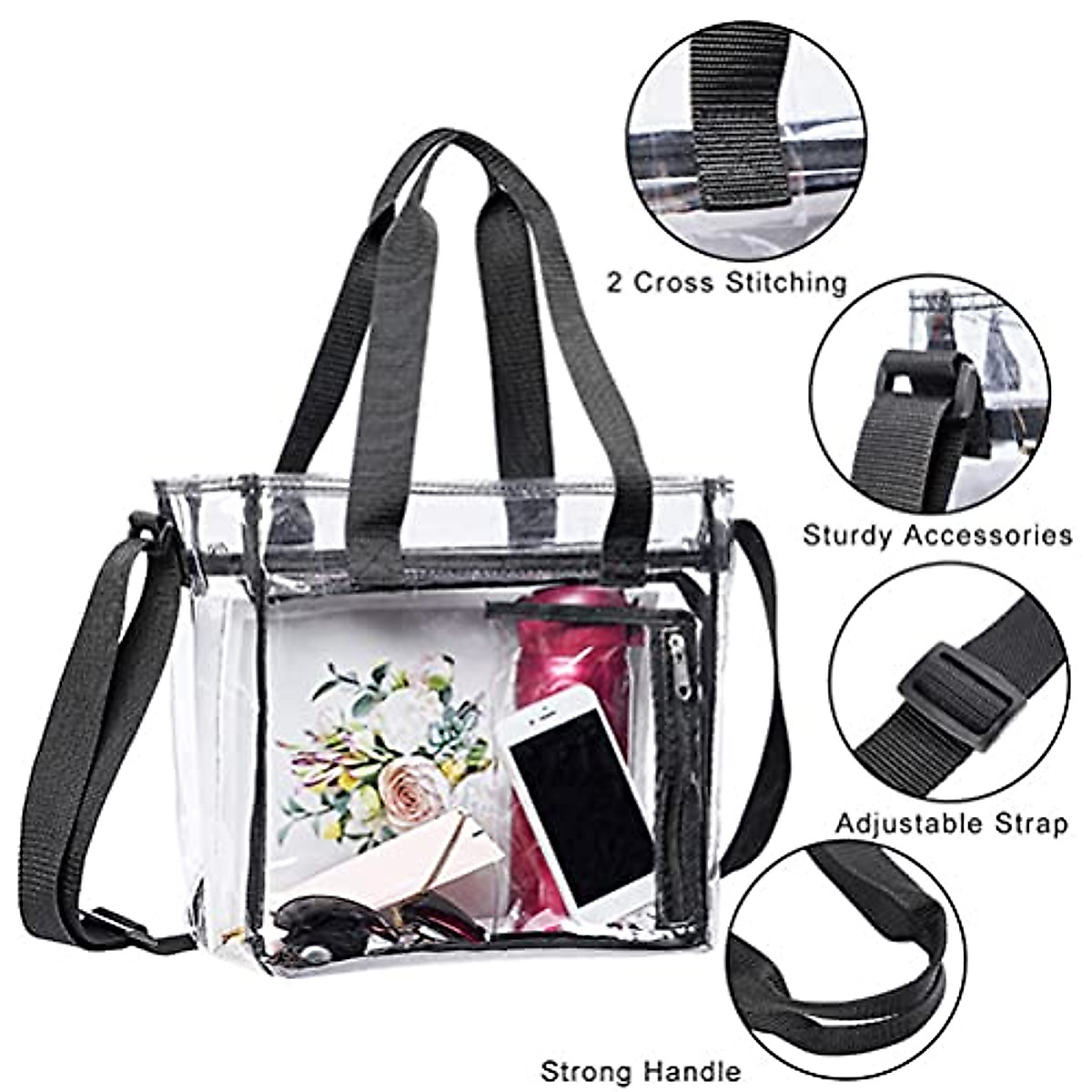 SHERCHPRY Clear Tote Bag with Zipper Closure, Crossbody Messenger Shoulder Bag, PVC Clear Cross- Body Purse with Adjustable Strap for Work, School, Exam, Gym, Stadium