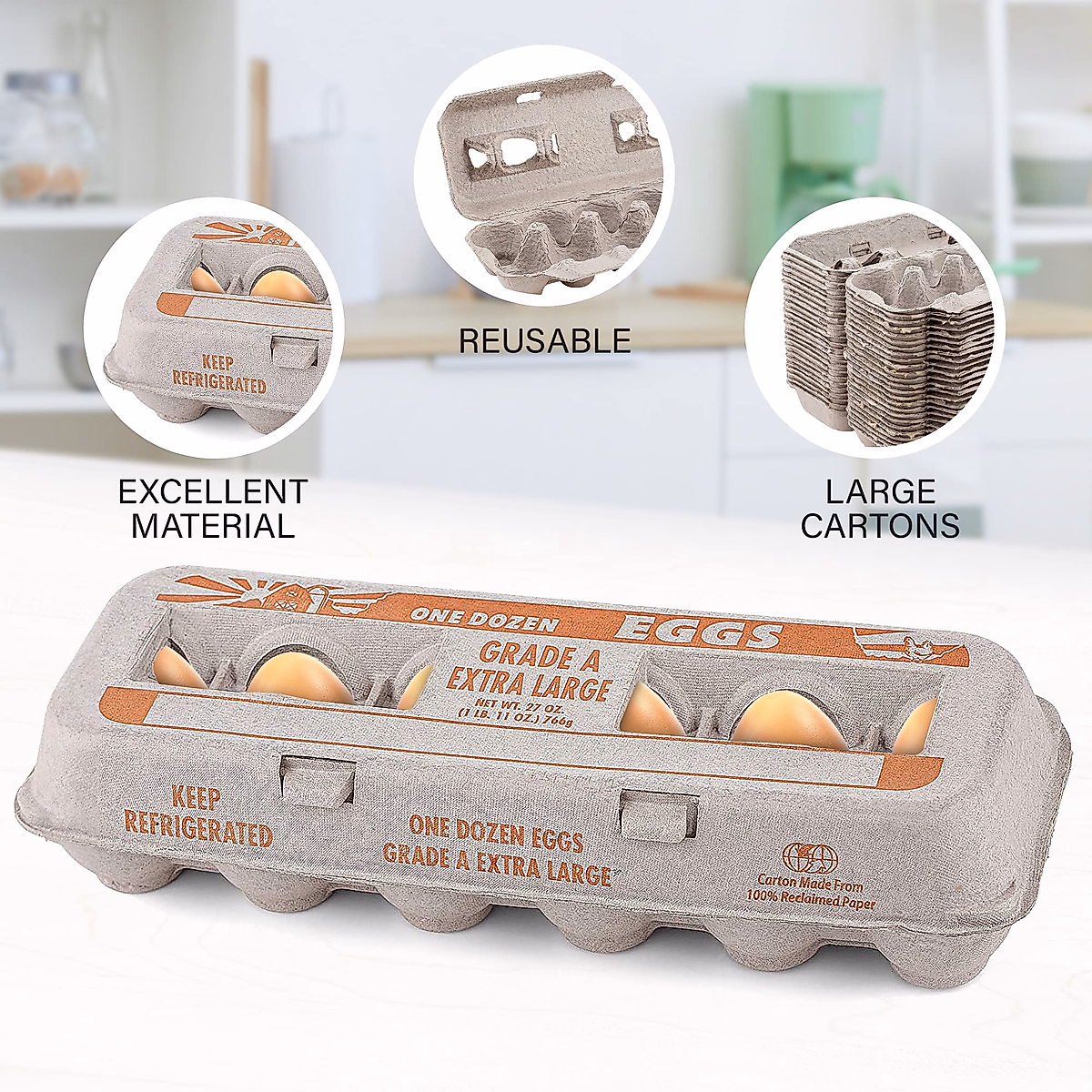 Printed Natural Pulp Egg Cartons Holds Up to Twelve Eggs - 1 Dozen Extra Large - Strong Sturdy Material Perfect For Storing Extra Eggs - by MT Products (25 Cartons) - Made in The USA