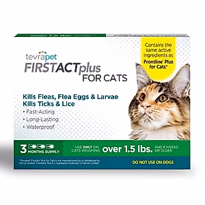 TevraPet FirstAct Plus Flea and Tick Topical for Cats over 1.5lbs, 3 Dose Flea and Tick Prevention. Waterproof Flea and Tick Control for 3 Months